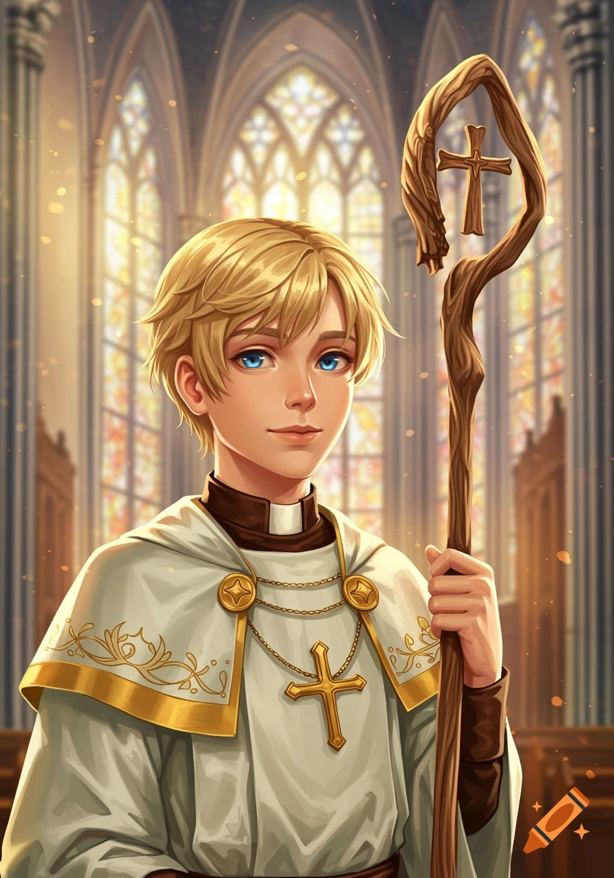 Blonde male cleric teenager in a church holding a staff, digital art on ...
