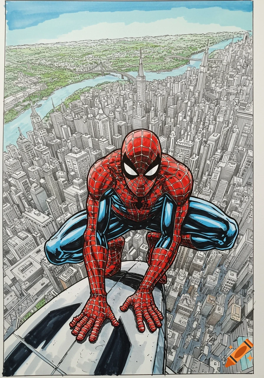 Drawing of Spider-Man crouching on a rooftop looking down at a city ...