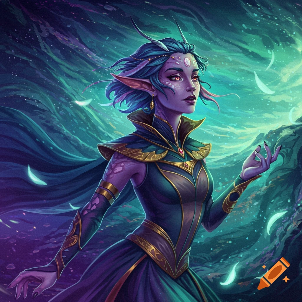 Fantasy portrait of purple-skinned character with blue hair, pointed ...