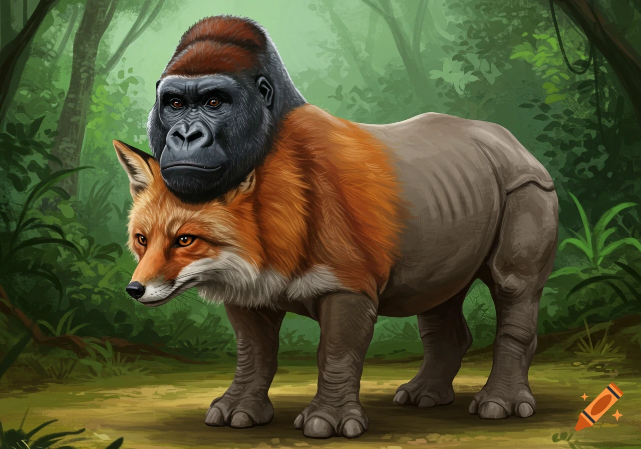 A bizarre hybrid creature with a gorilla head, fox torso, and rhino ...