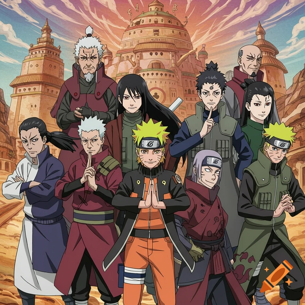 Anime illustration of Hokage and other characters from Naruto. on Craiyon