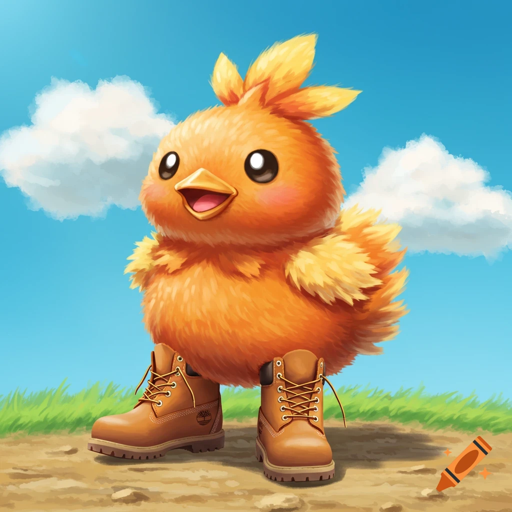 Cute orange chick (Torchic) wearing brown work boots in a field. on Craiyon
