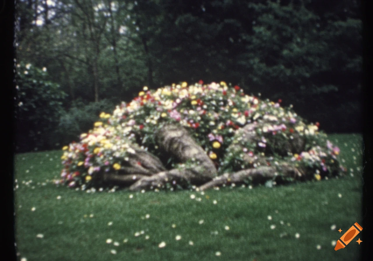 A vintage, blurry photo of a sleeping beast covered in colorful flowers ...