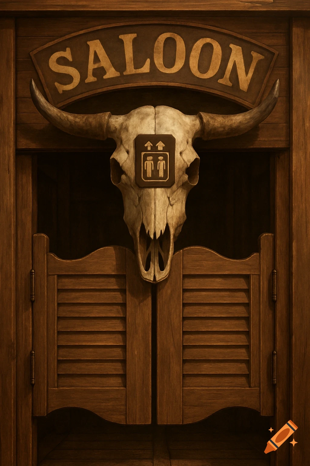 A wooden saloon entrance with batwing doors is topped by a large bull ...