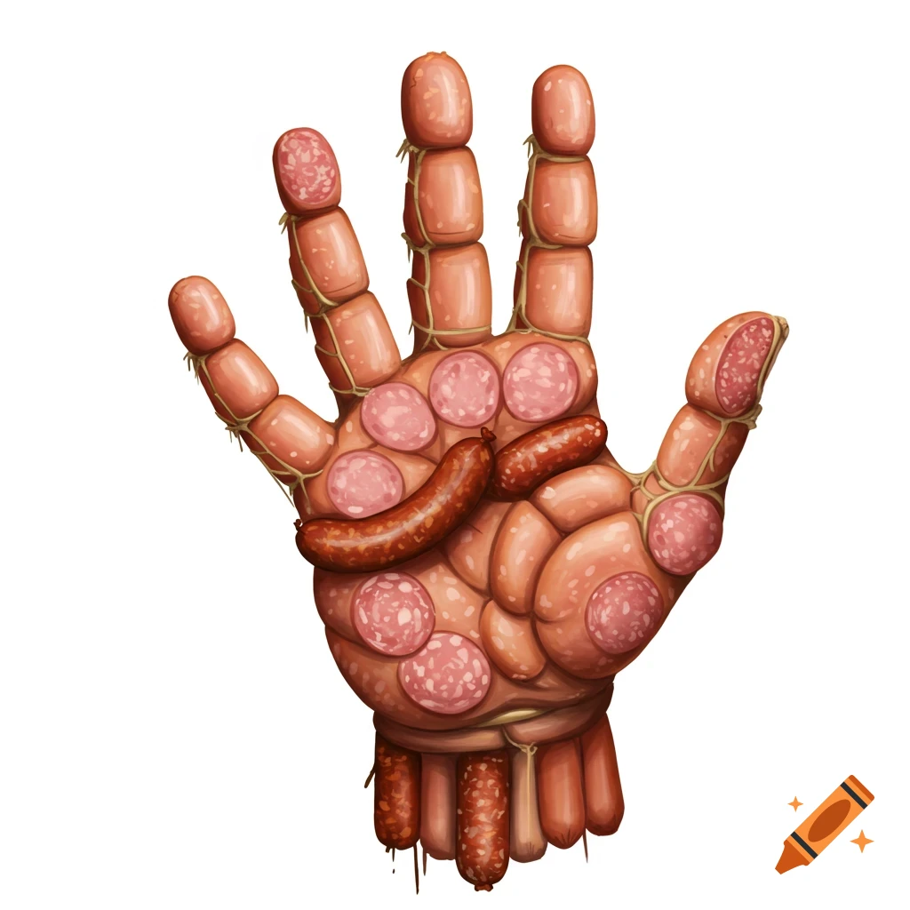 Illustration of a human hand made entirely of sausages and processed ...