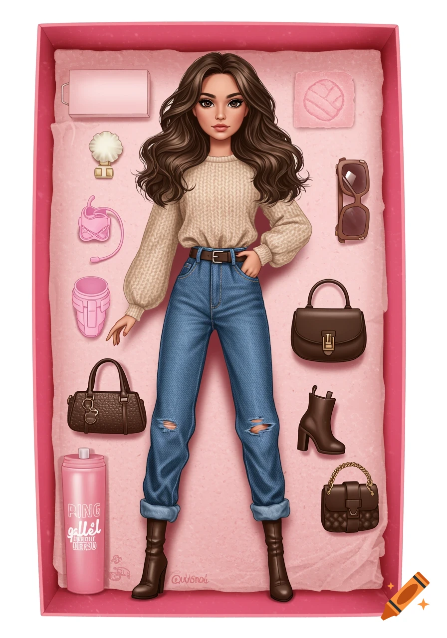 Illustration of a fashion doll resembling a woman in a pink box with ...