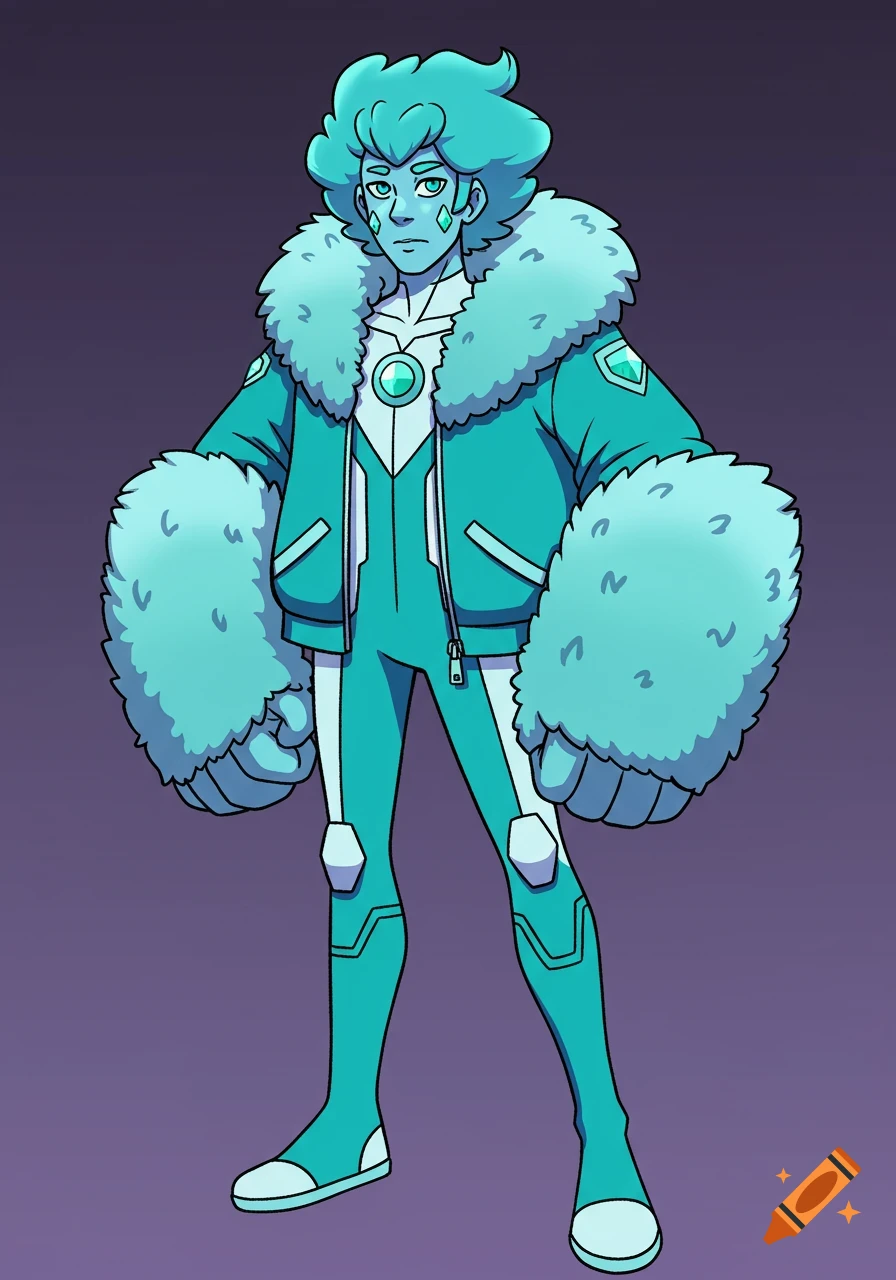 Anime character in a cyan jumpsuit and large fur jacket. on Craiyon