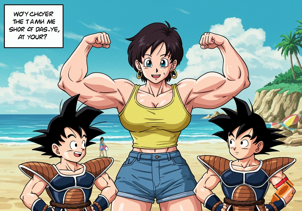 Anime comic style illustration of a muscular woman flexing for two ...
