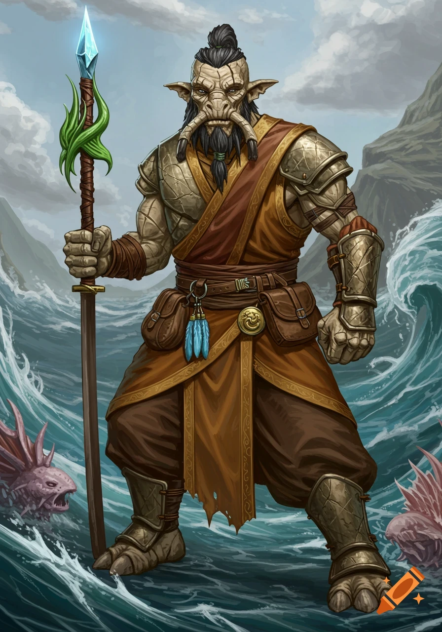 Fantasy art of a tusked creature monk holding a spear in the sea. on ...