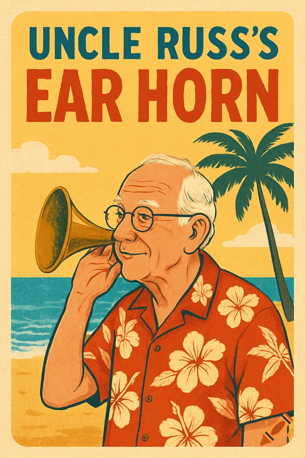 Vintage style illustration of an old man with an ear horn on a beach ...