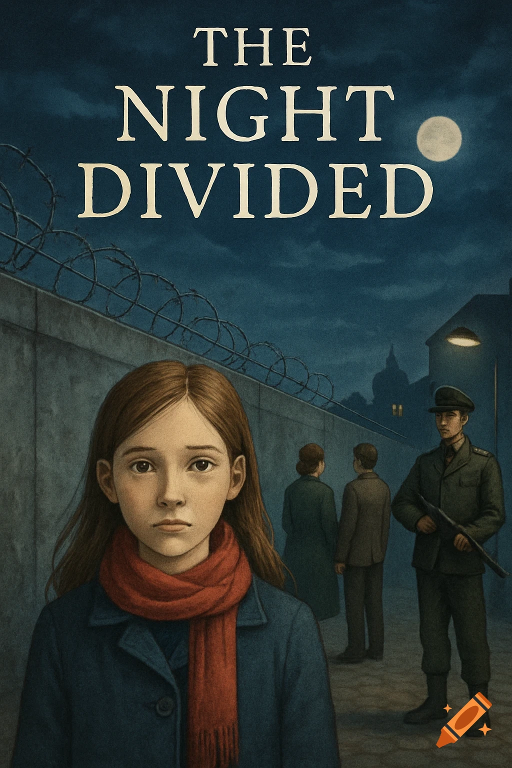 Illustration of a young girl in front of a wall with barbed wire, a ...