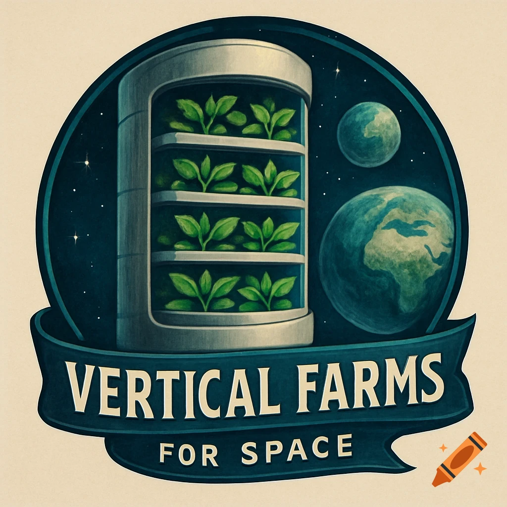 Logo for vertical farms in space, showing plants in a module, planets ...