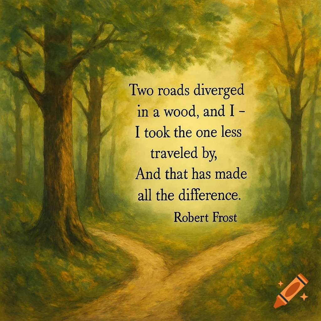 Painterly forest scene with two paths diverging and the poem 'The Road ...