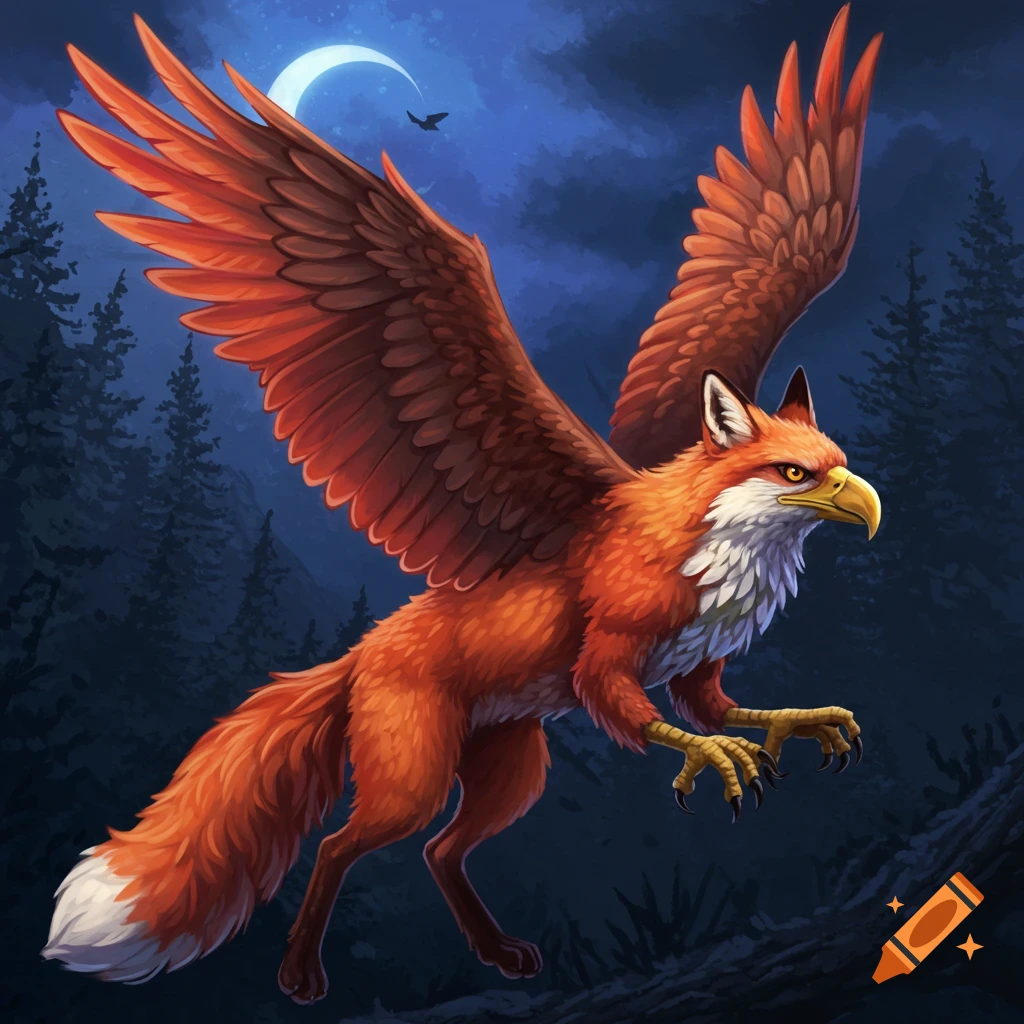 Fantasy creature combining fox and eagle in a forest at night. on Craiyon
