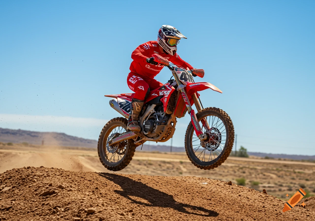 Motocross rider in red gear on a red dirt bike jumps over a dirt mound ...