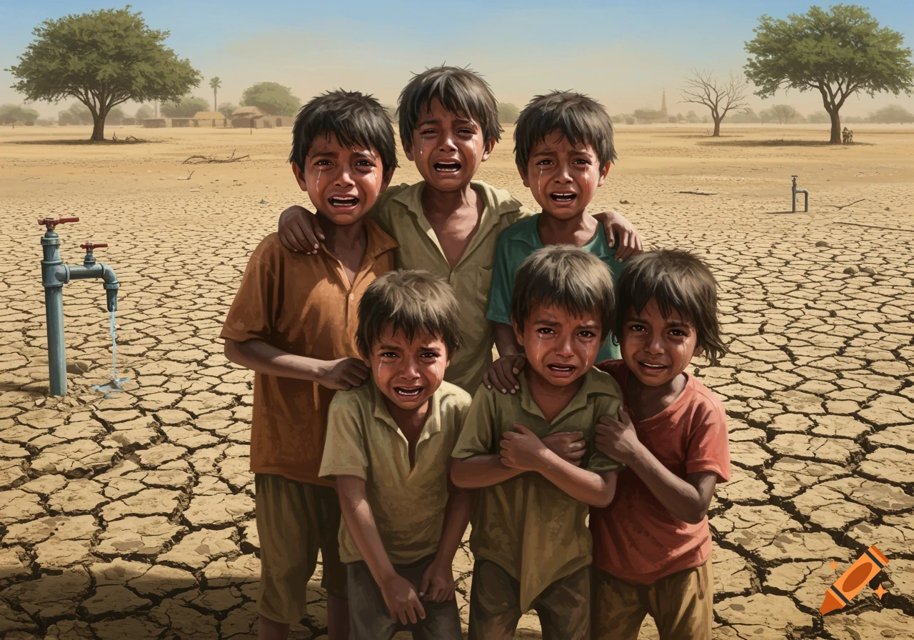 Crying children stand in cracked dry earth near a spigot in a drought ...