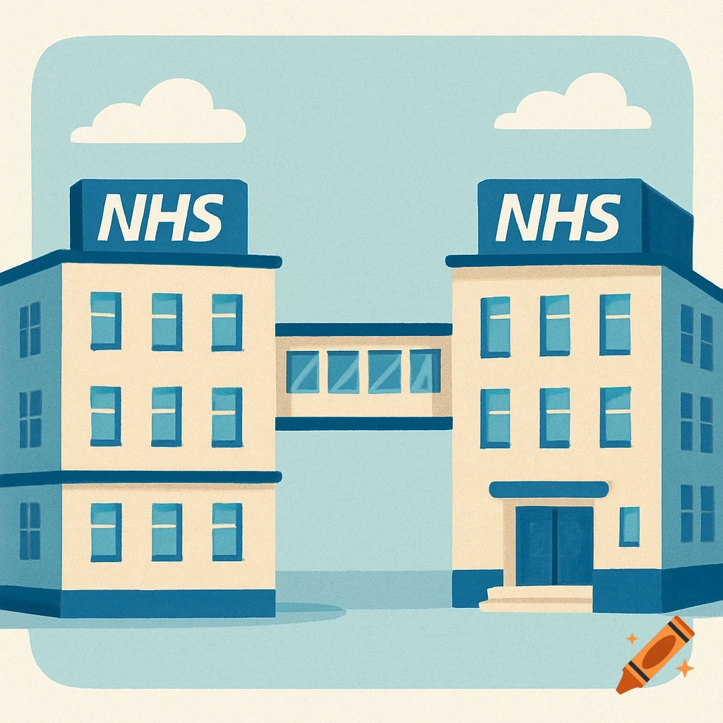 Illustration of two NHS buildings connected by a walkway under a blue ...
