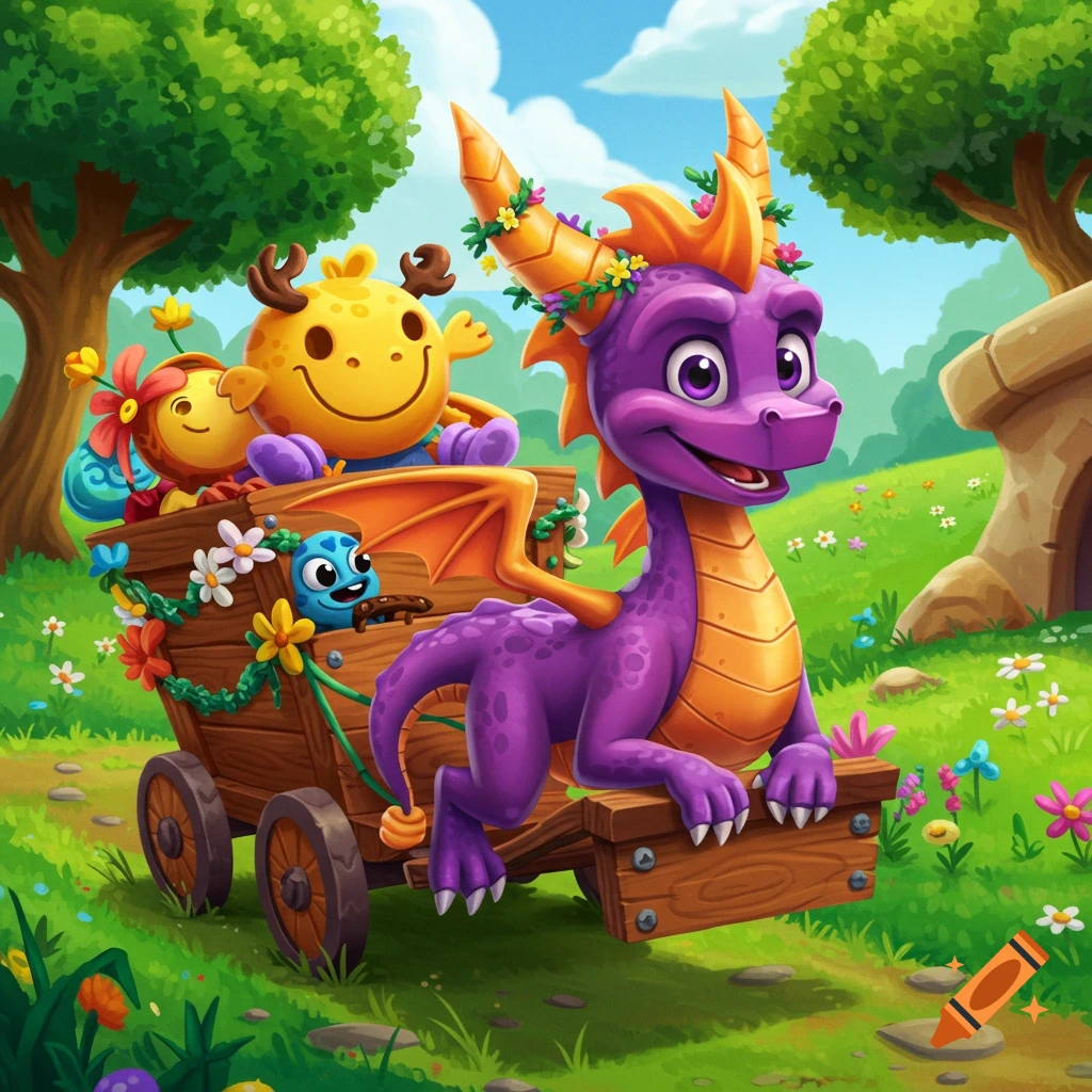 Spyro the Dragon and cartoon characters ride in a flower-decorated ...