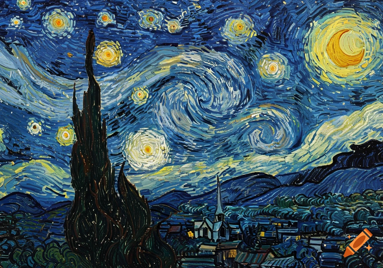 Painting of a starry night sky with a swirling moon and stars, a dark ...