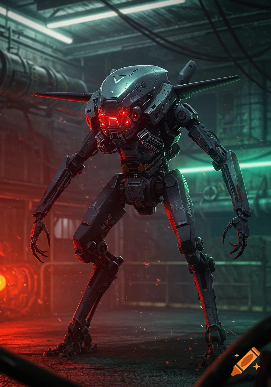 A dark grey sci-fi mech with red eyes stands in a dimly lit industrial ...