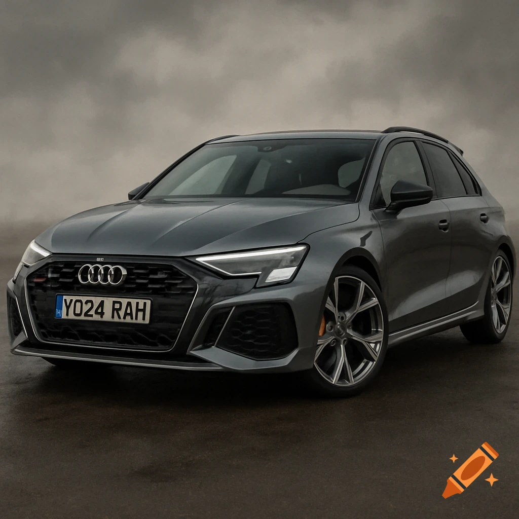 A dark gray Audi RS3 parked on a wet surface under a cloudy sky. on Craiyon