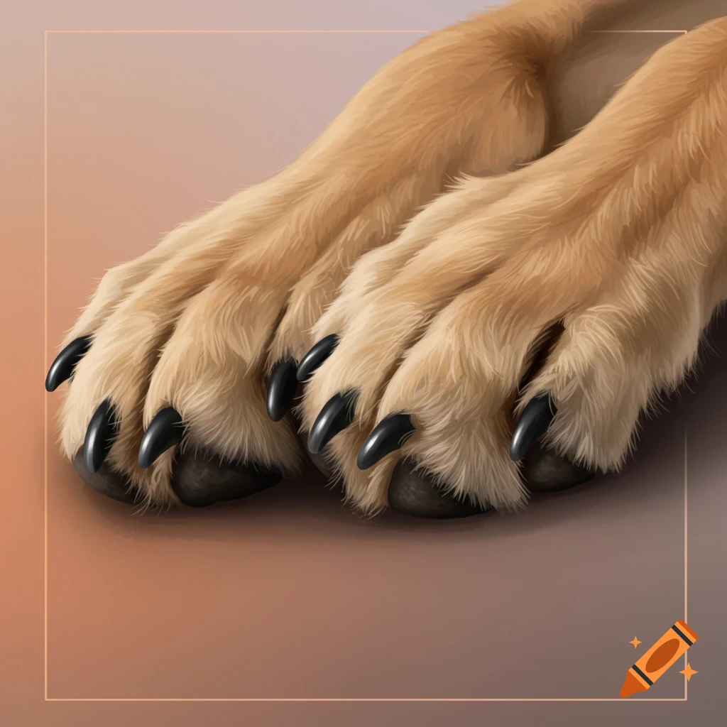 Close-up of two dog paws with dark claws. on Craiyon
