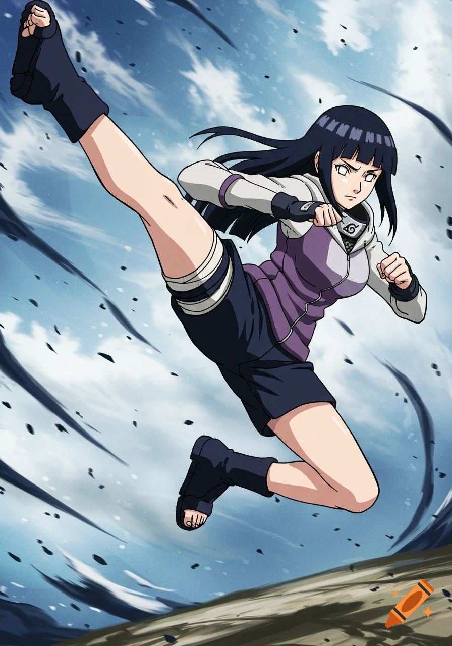 Anime style illustration of Hinata Hyuga kicking on Craiyon