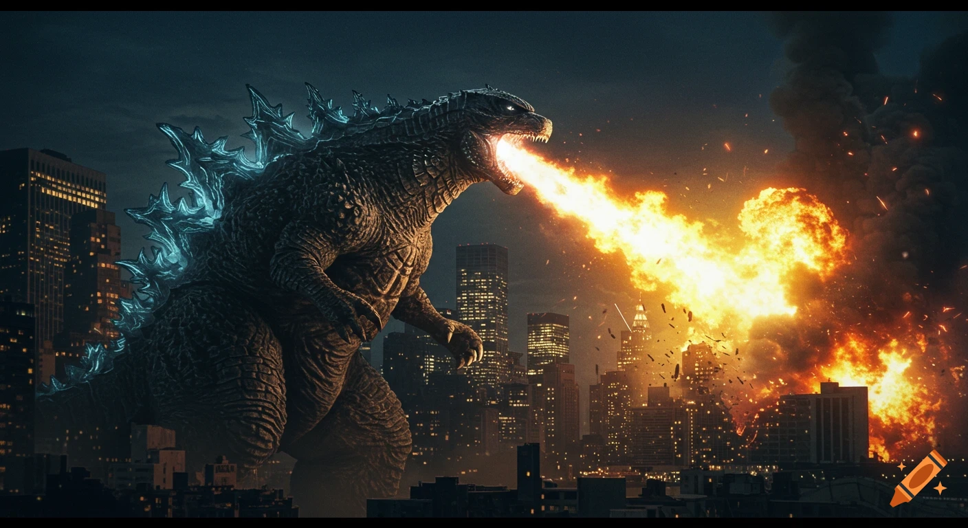 Godzilla breathing fire over a city skyline at night. on Craiyon