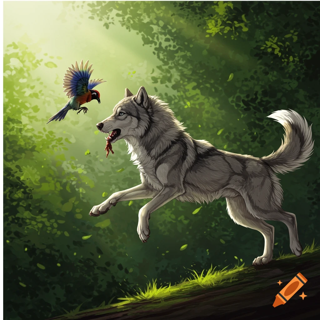 A stylized illustration of a wolf jumping to catch a colorful bird in a ...