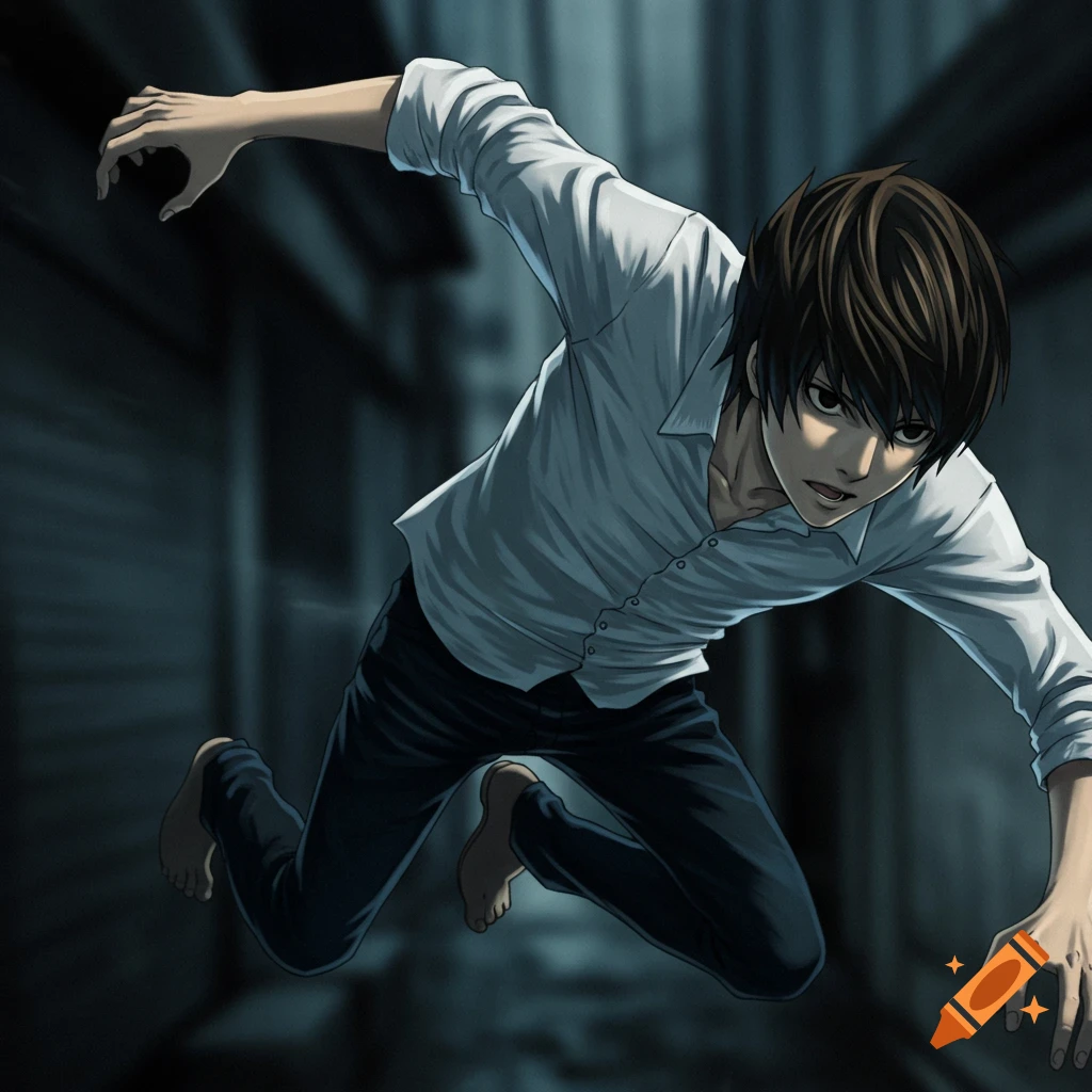 Anime character Light Yagami from Death Note is captured mid-jump or ...