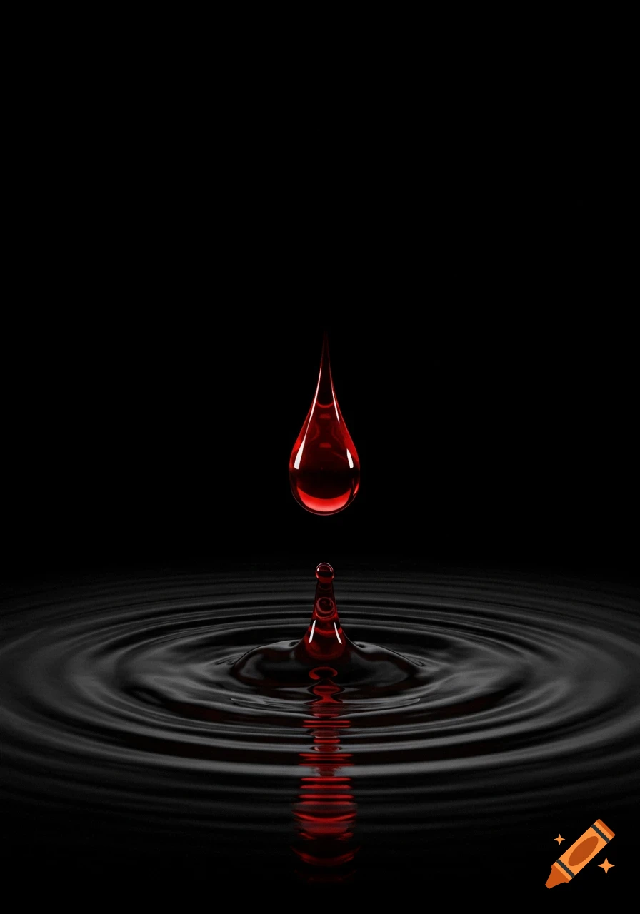 Photorealistic image of a red drop of liquid suspended above rippling ...