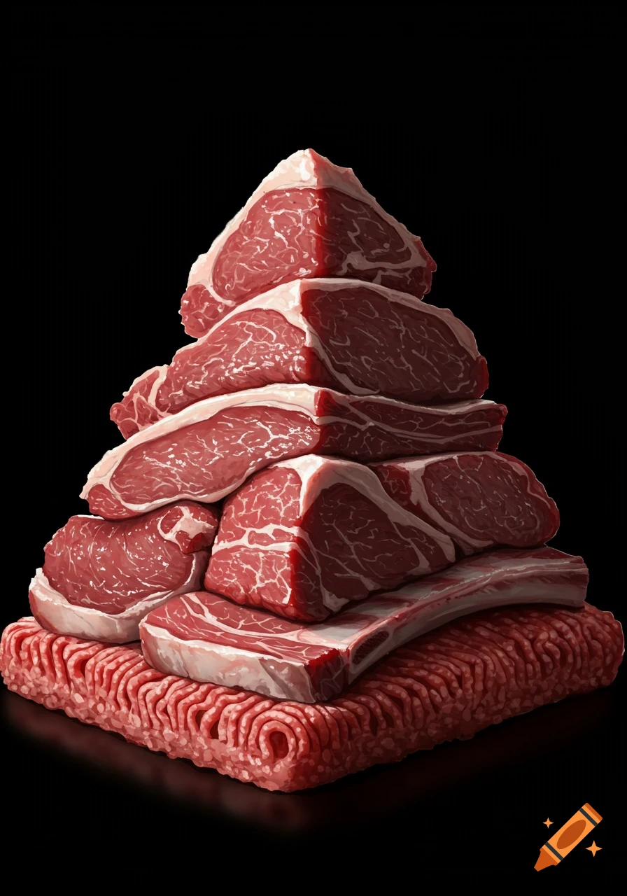 A pyramid-shaped pile of raw steaks sits on a base of ground meat ...