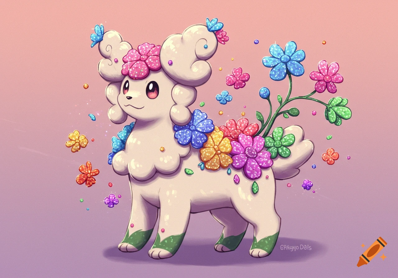 An illustration of a flower-covered creature resembling a Pokémon ...