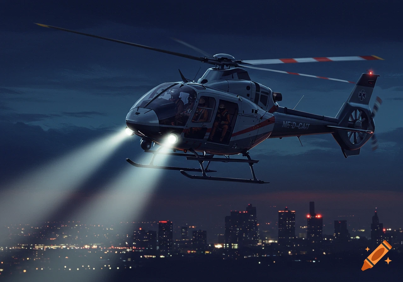 A medical helicopter flies over a city at night, with searchlights ...