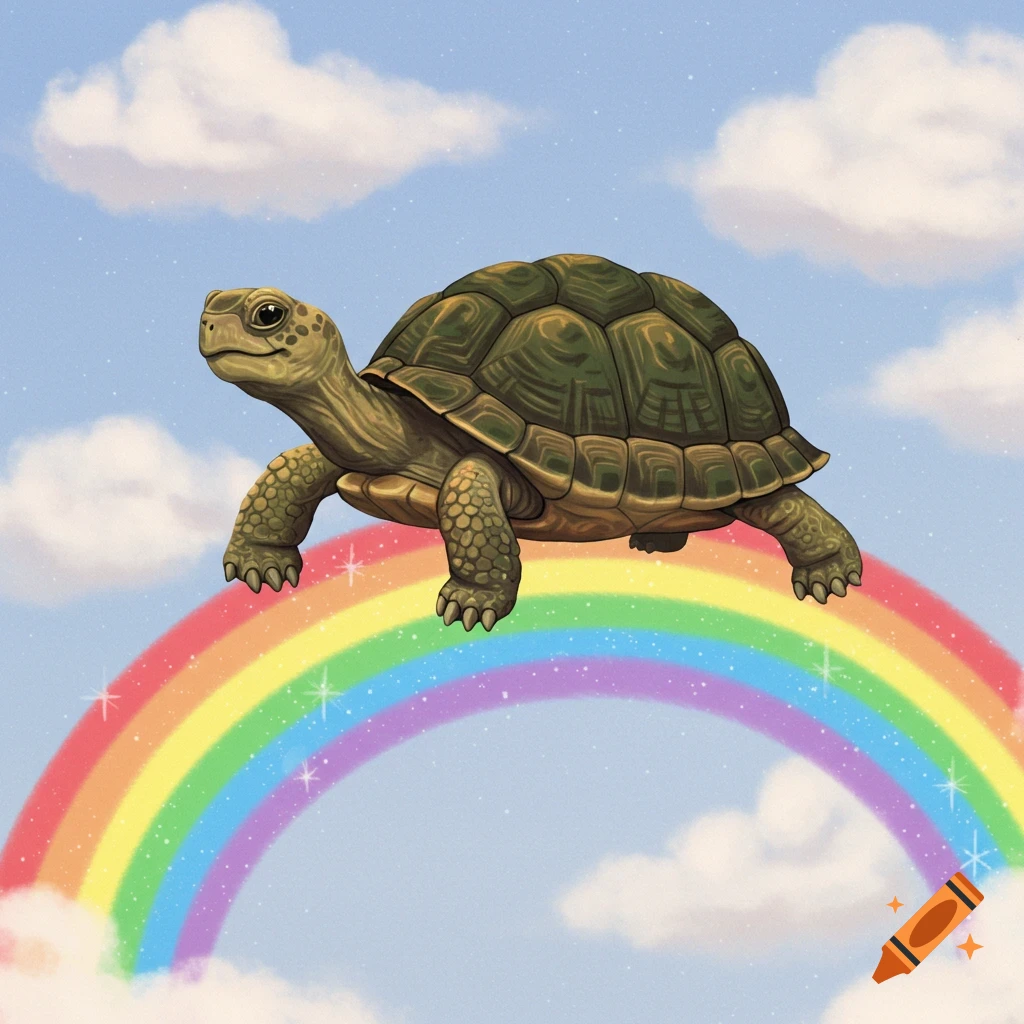 A turtle walks on a rainbow in a blue sky with clouds. on Craiyon