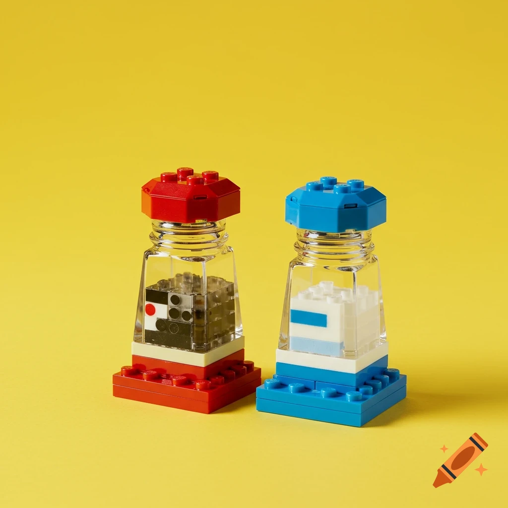 Two salt and pepper shakers made of red and blue Lego bricks on a ...