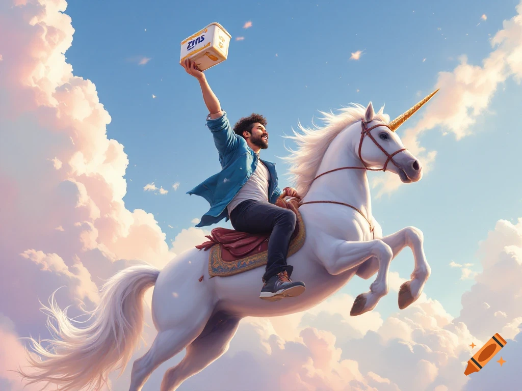 Man rides a unicorn through clouds, holding up a container. on Craiyon