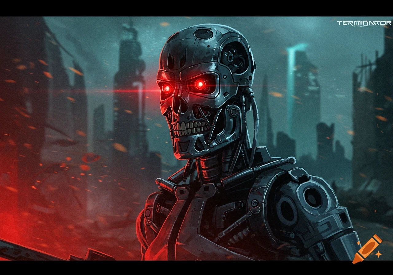 Terminator endoskeleton with red eyes standing in a ruined city ...