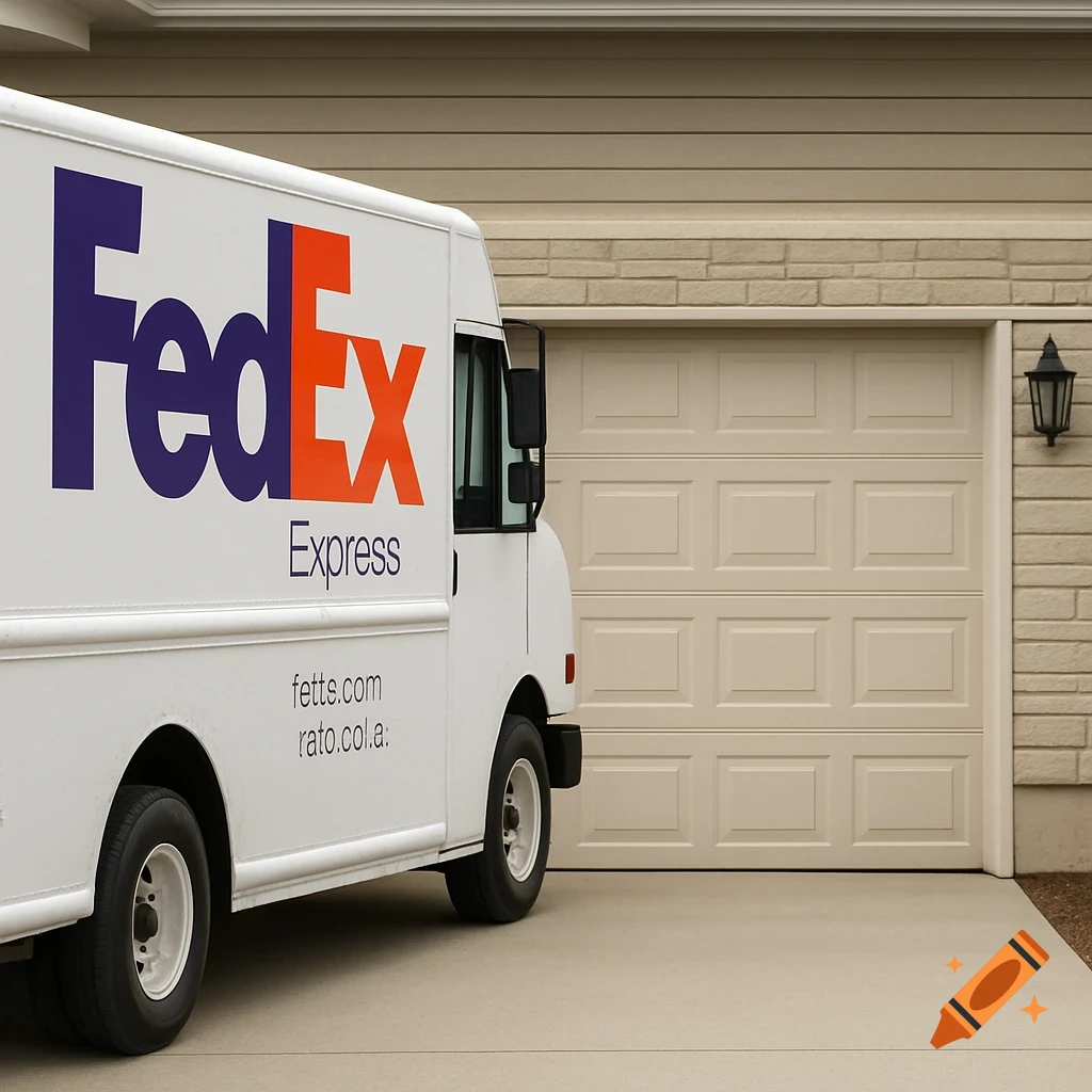 A white FedEx delivery truck is parked in front of a beige garage door ...