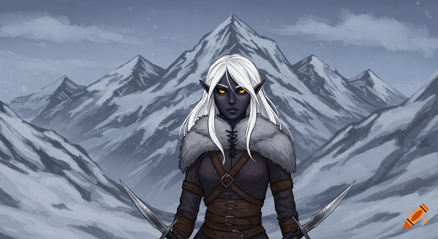 Illustration of a Drow woman with white hair and amber eyes in winter ...