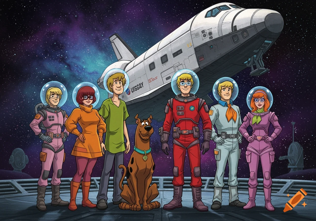 Scooby Doo characters in space suits stand in front of a space shuttle ...