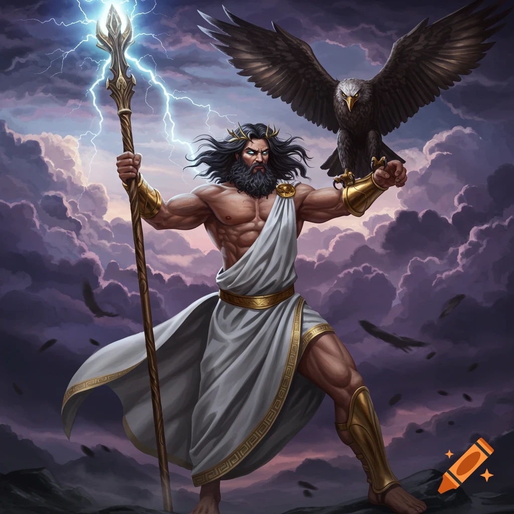 Zeus standing with a lightning staff and an eagle amidst stormy clouds ...