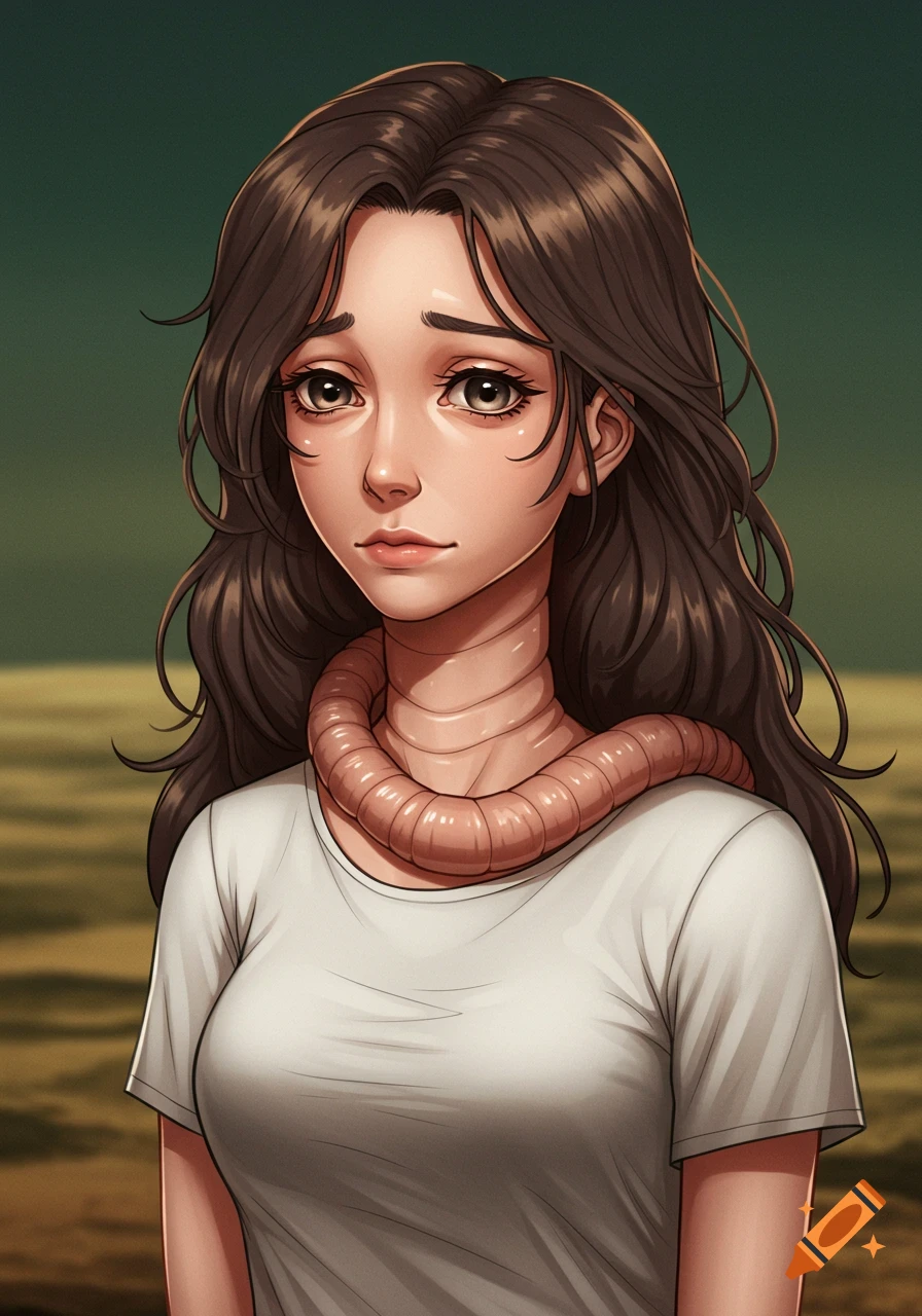 Anime portrait of a woman with dark hair and a segmented neck, wearing ...