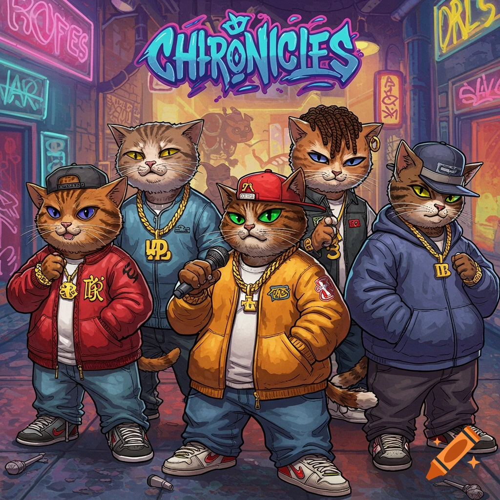 Illustration of five cats dressed in 2000s hip-hop clothing in an urban ...