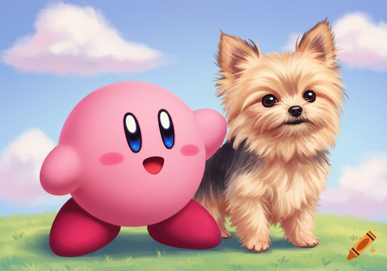 Kirby stands next to a small fluffy dog in a field under a blue sky. on ...