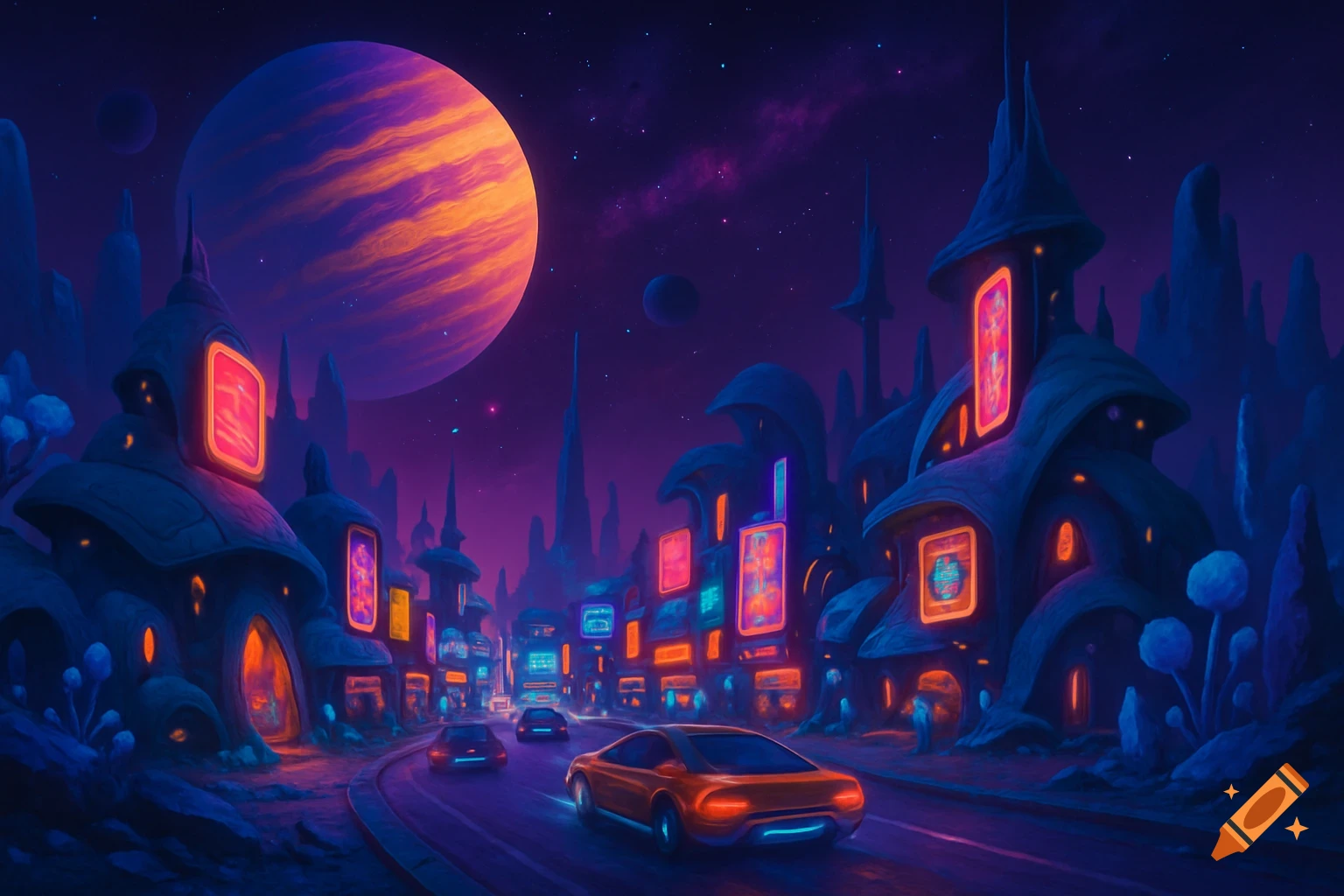 A futuristic alien city with neon signs, sci-fi cars on a road, and a ...