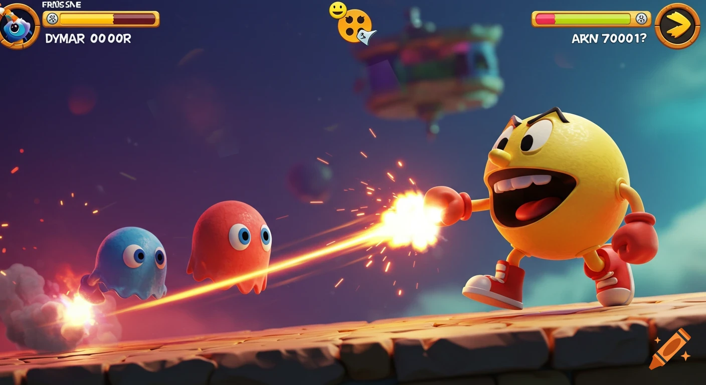 Pac-Man shoots a laser at ghosts in a colorful 3D action video game scene. on Craiyon