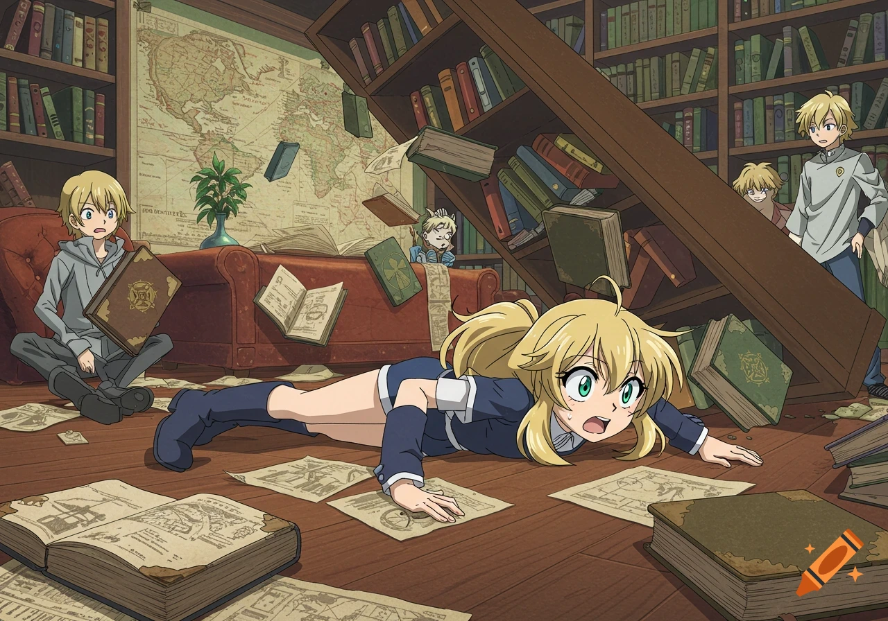 Anime scene of characters in a messy library with a toppling bookshelf ...