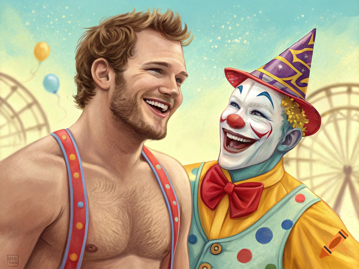 A muscular man and a clown laugh together at a carnival. on Craiyon