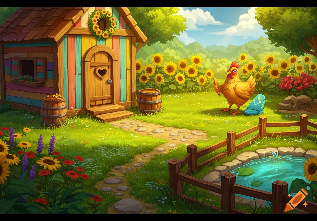 A cartoon chicken stands by a colorful coop near a pond and sunflowers ...